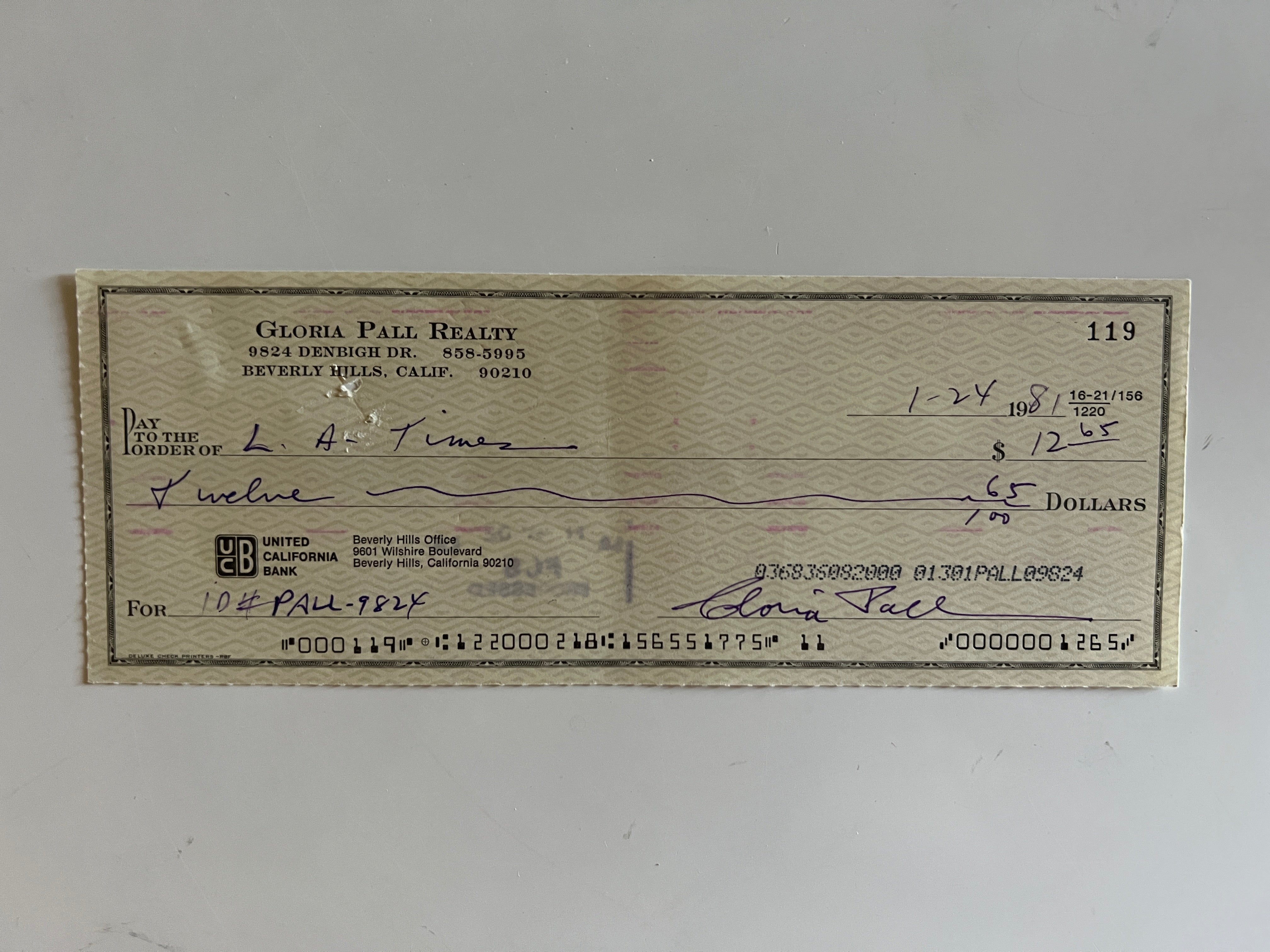 Gloria Pall signed check – Cool Stuff PD